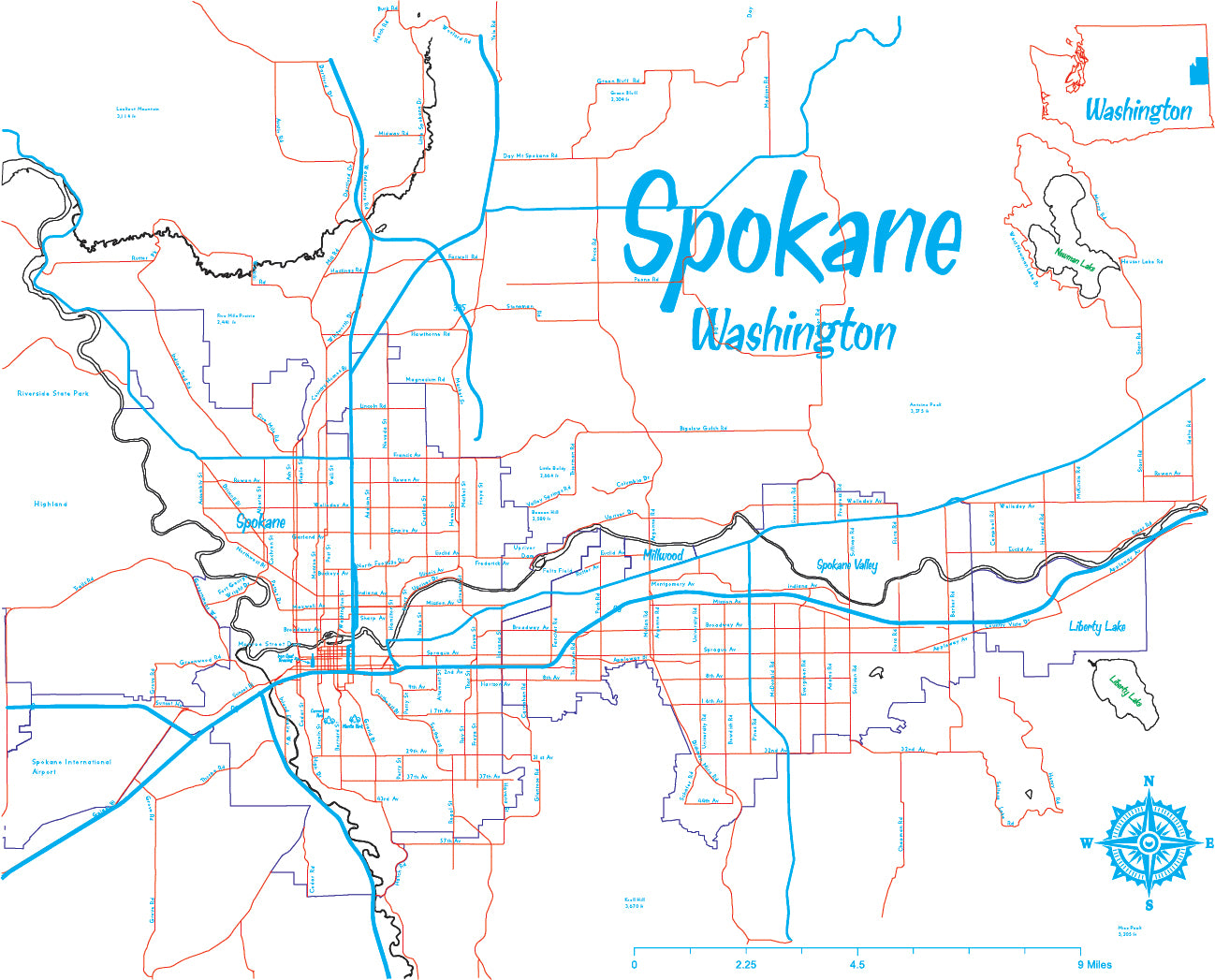 Printable Map Of Spokane Wa Spokane Country Map Art Print Poster